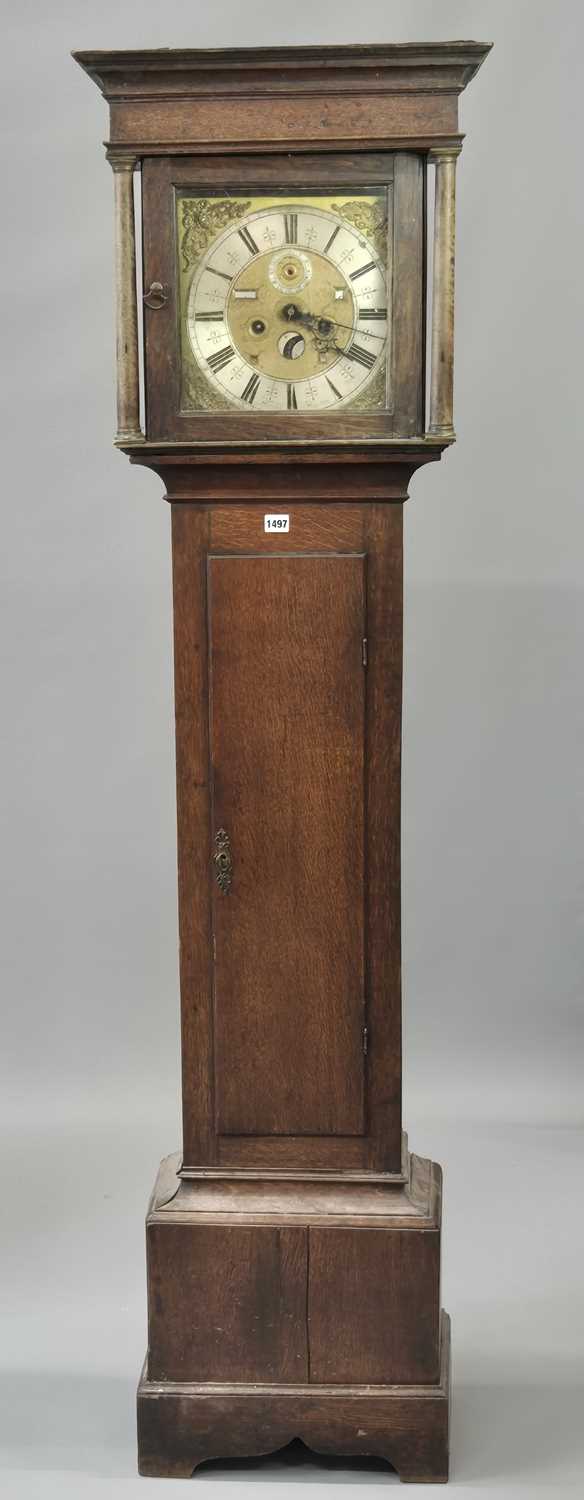 Lot 1497 - A 19th century oak long cased clock, the